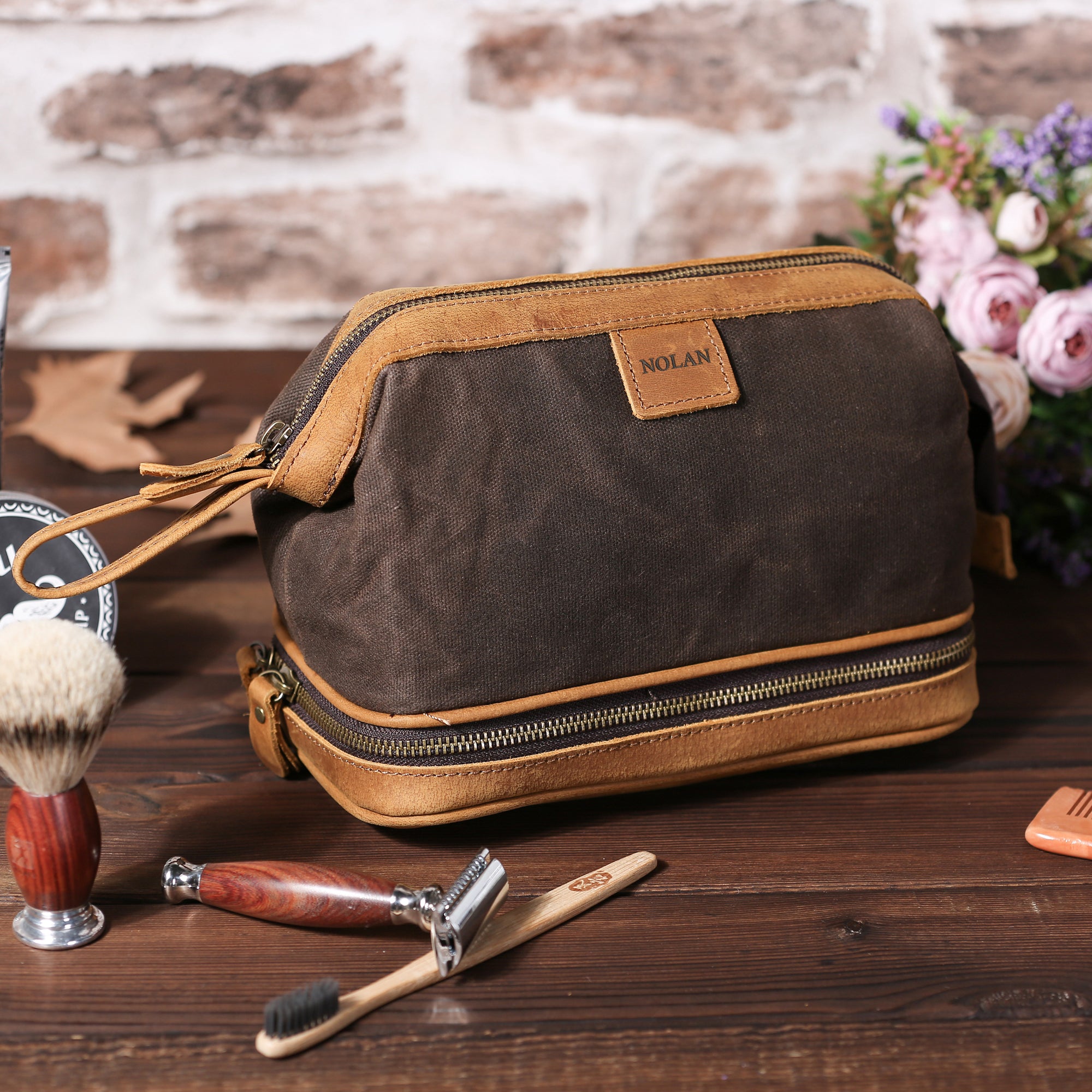 Personalized Waxed Canvas Dopp Kit Mens Toiletry Bag – NaturalLeatherShop